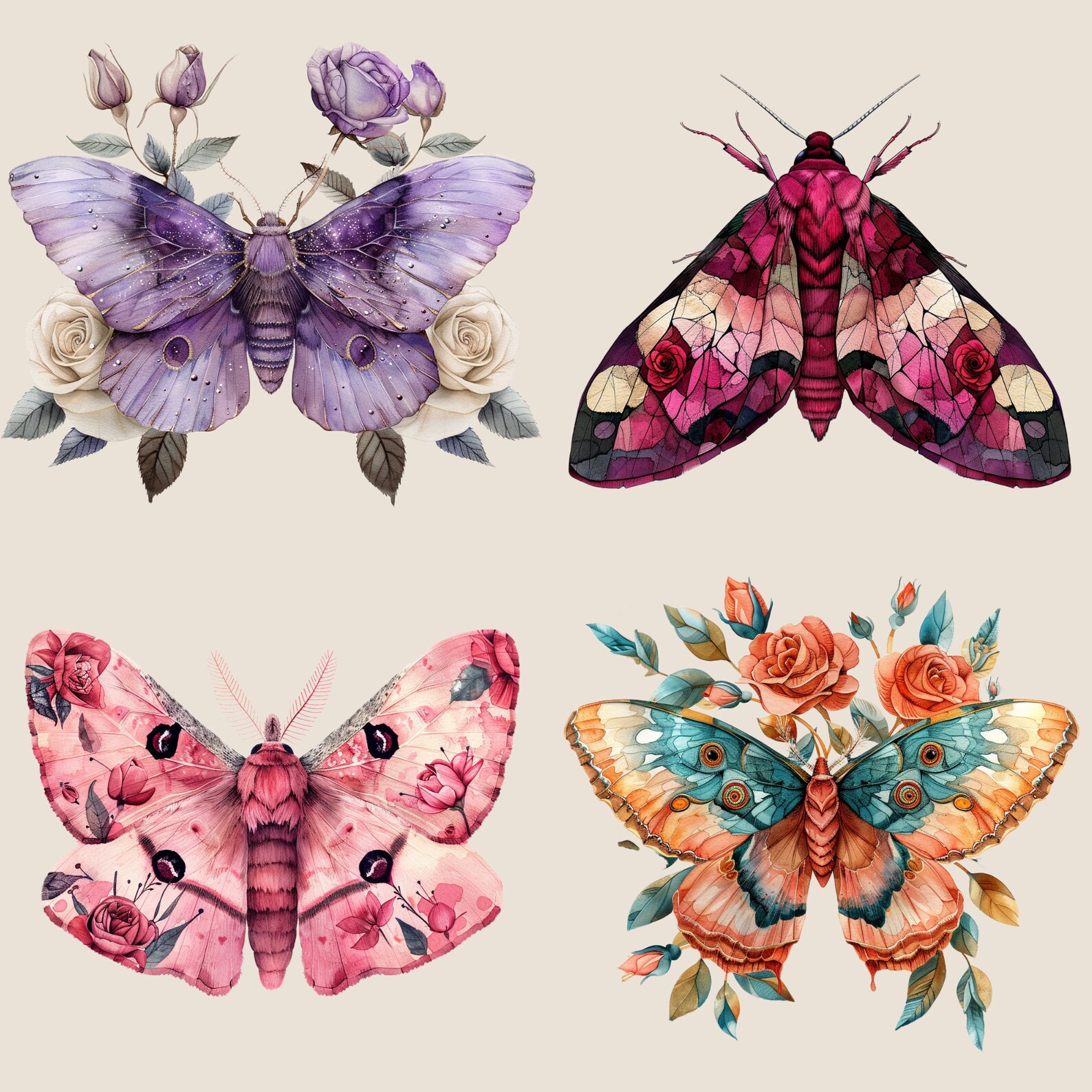 Watercolour Whimsical Royal Moth Clipart Bundle, Wiccan Png, Moth Png ...