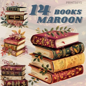 Maroon and Gold Pile of Books Clipart Bundle, Digital Stickers,reading ...