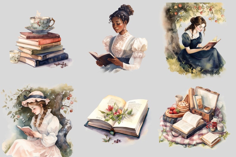 Watercolour Victorian Reding Clipart Bundle Vintage Books - Etsy