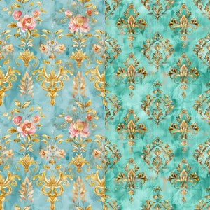 Blue and Gold Damask Digital Paper, Vintage Textured Paper, Scrapbook ...