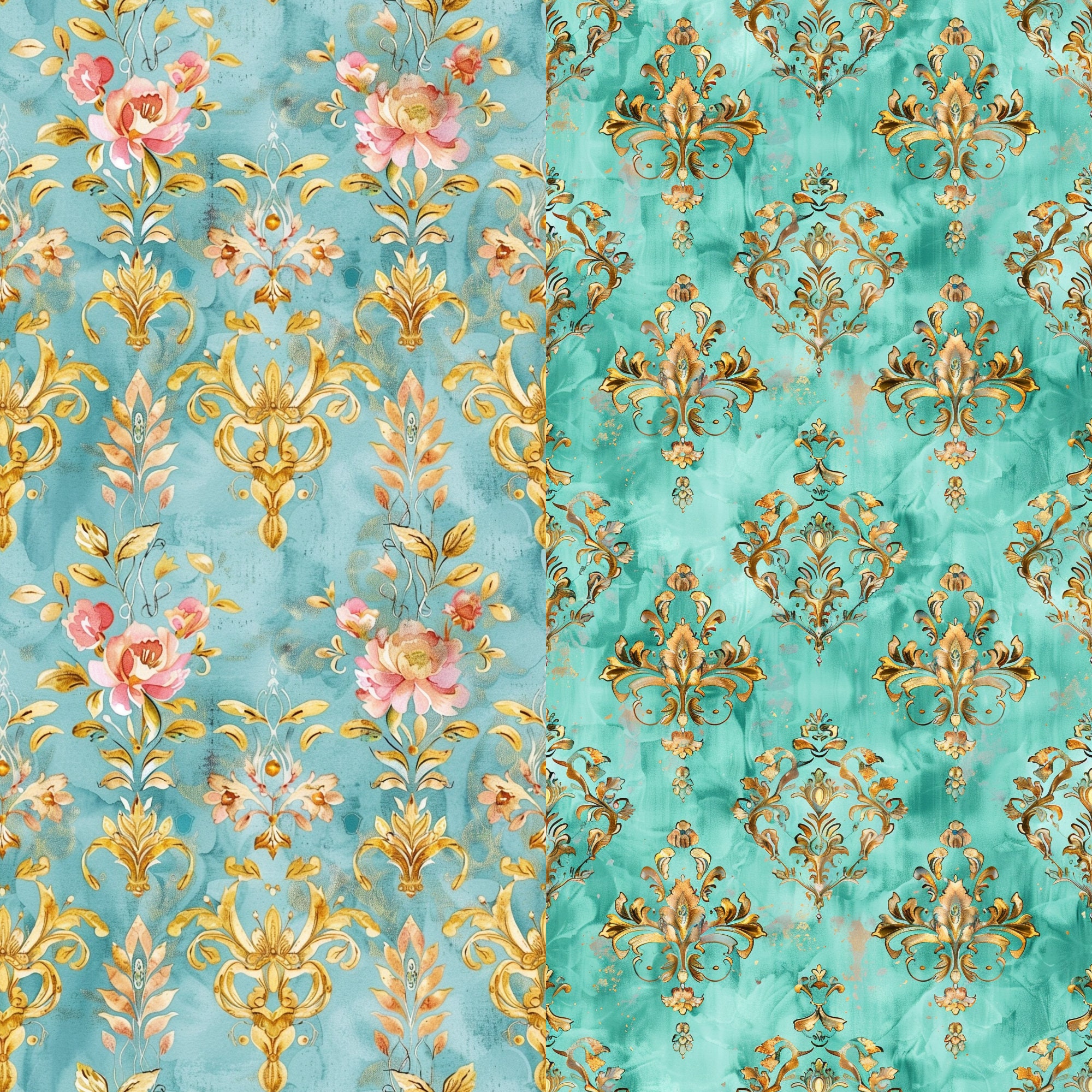 Blue and Gold Damask Digital Paper, Vintage Textured Paper, Scrapbook ...