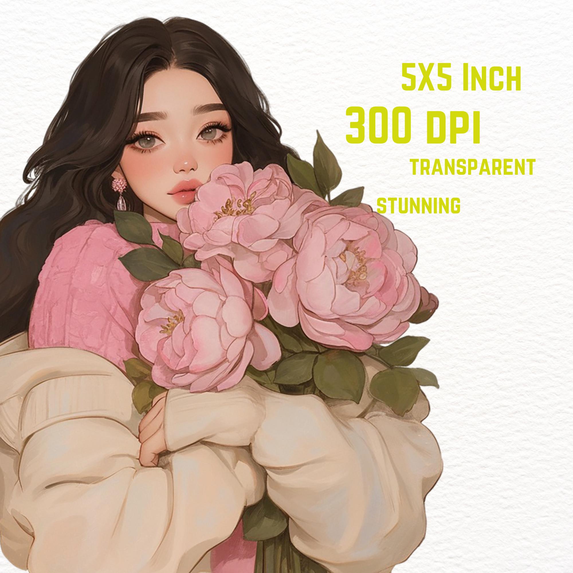 Pink Bouquet Girls Digital Stickers, Watercolour Feminie Clipart ...