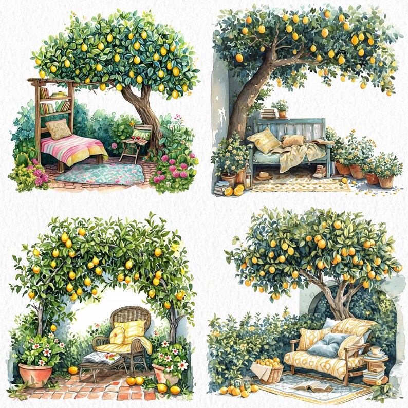 Watercolour Cozy Lemon Garden Nook, Clipart Bundle, Cottagecore, Spring ...