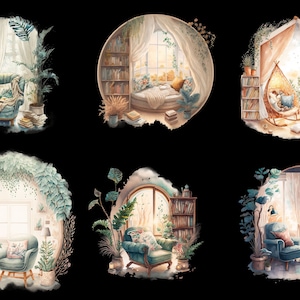 Watercolour Bookworm Cozy Reading Corner Clipart Bundle, Bookshelf ...