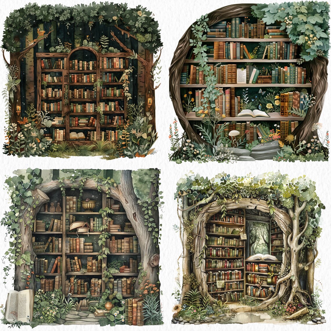 Watercolour Enchanted Forest Library Clipart Bundle, Dark Academia ...