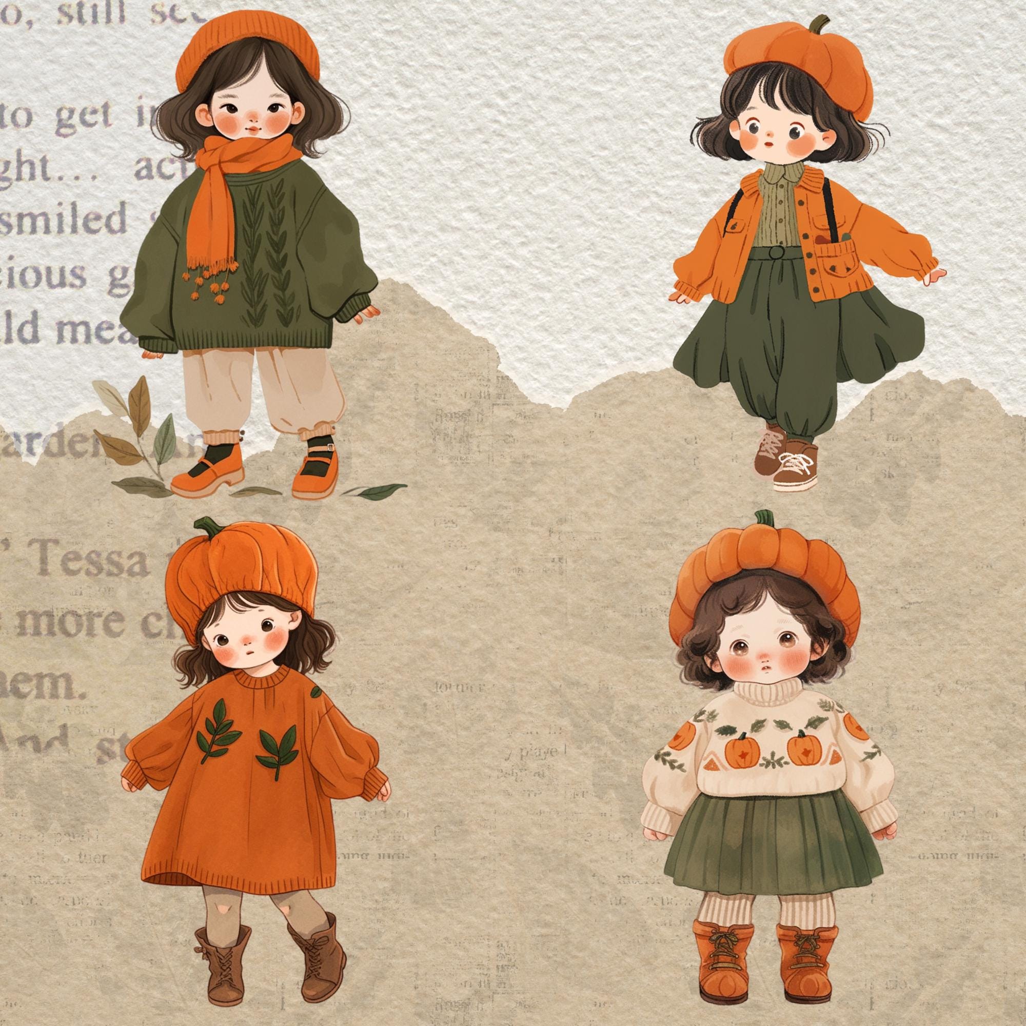 Cute Cottagecore Toddler Kid Fashion Outfit Clipart Bundle, Vintage ...