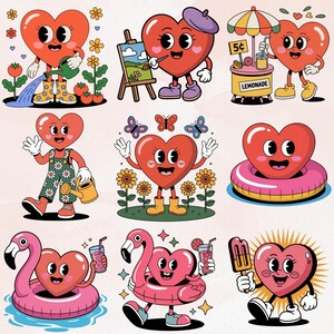 Retro Summer Hearts Digital Stickers, 2D Flat Floral Heart Clipart ...
