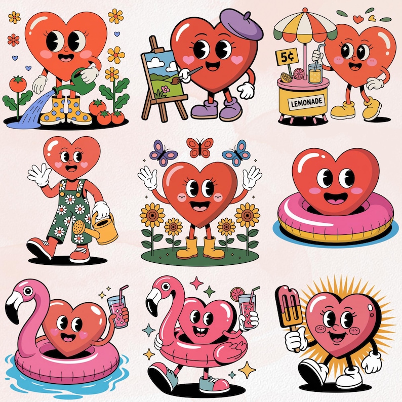 Retro Summer Hearts Digital Stickers, 2D Flat Floral Heart Clipart ...