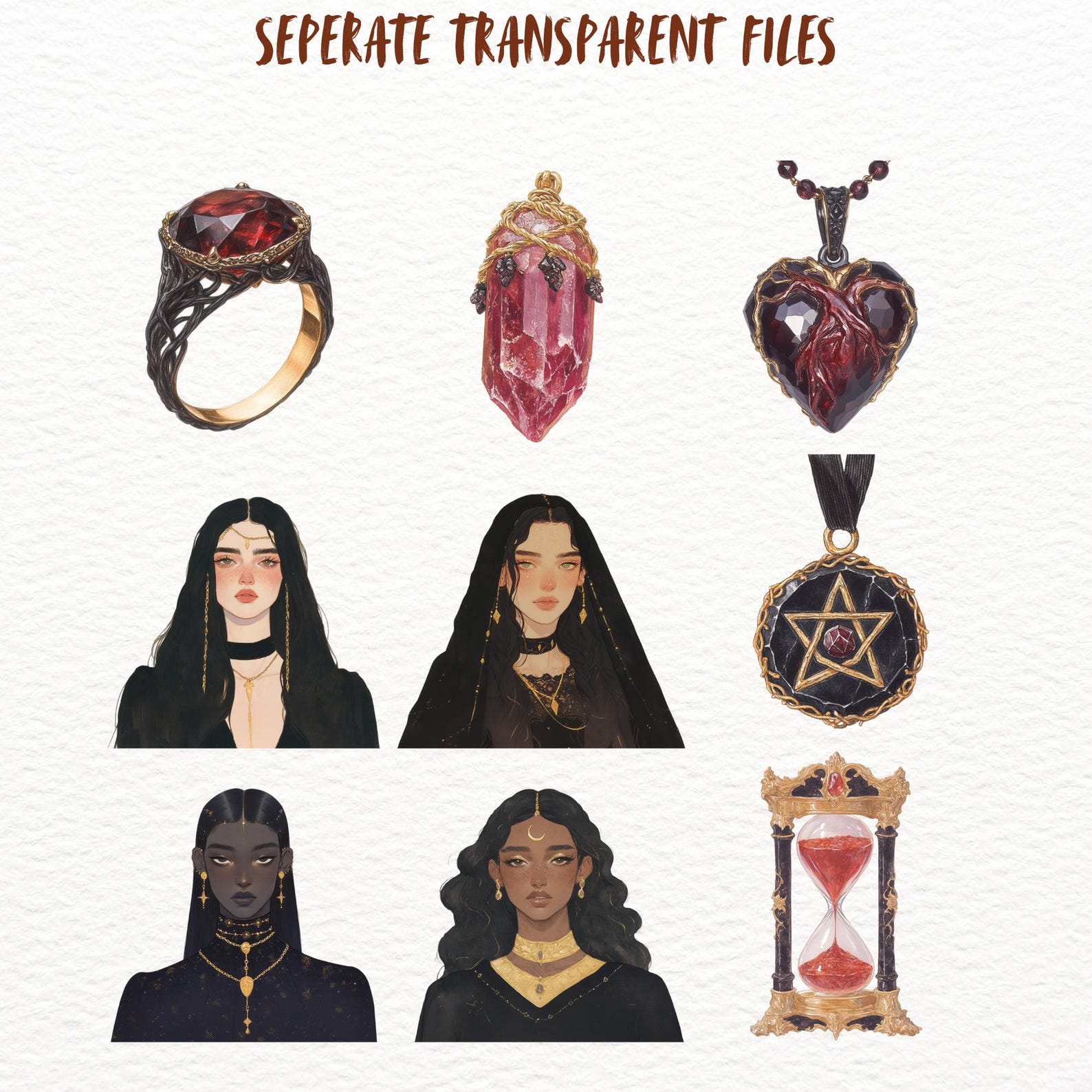 Obsidian Garnet Witch Clipart Bundle Celestial Wicca Sticker Set ...