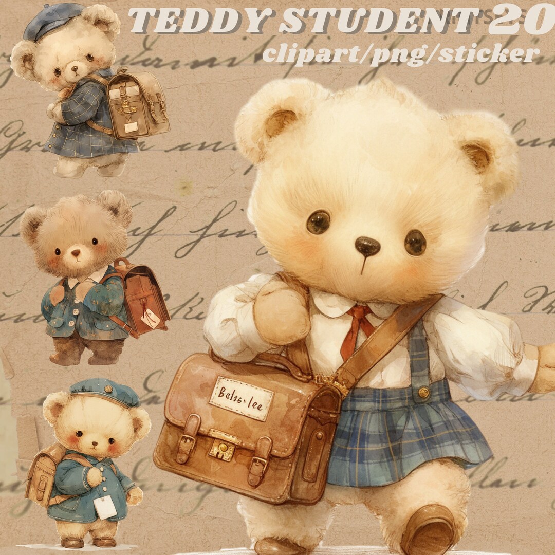 Cute Teddy Goes to School Digital Sticker, Vintage Clipart Bundle ...
