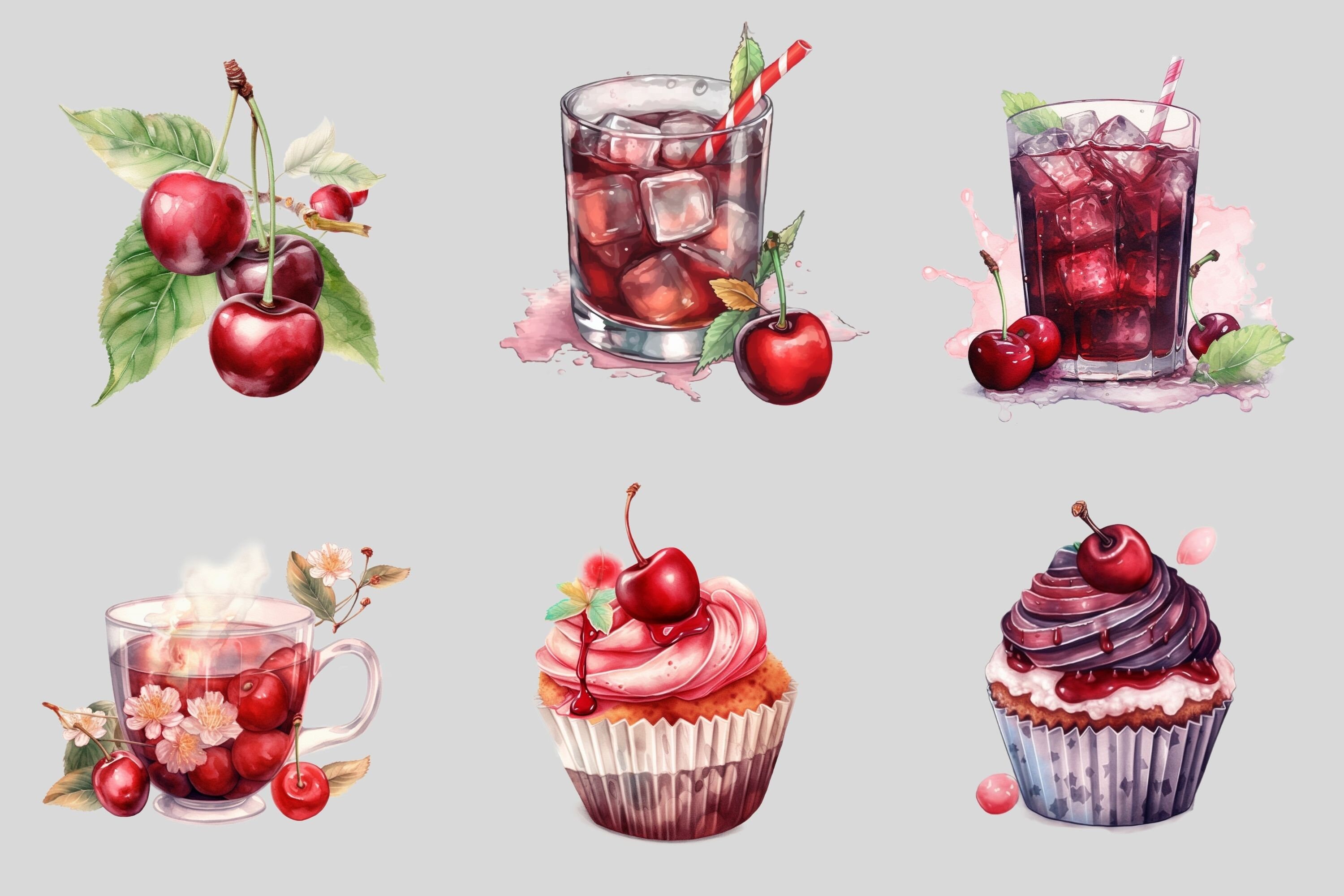 Watercolour Cherry Clipart Bundle, Berry Clipart, Cupcakes, Cherry Soda ...