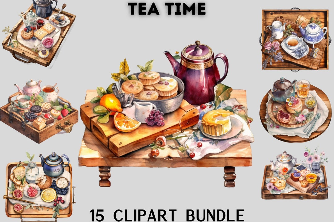 Watercolour Tea Time Clipart Bundle, Breakfast Tray, Snacks and Cakes ...