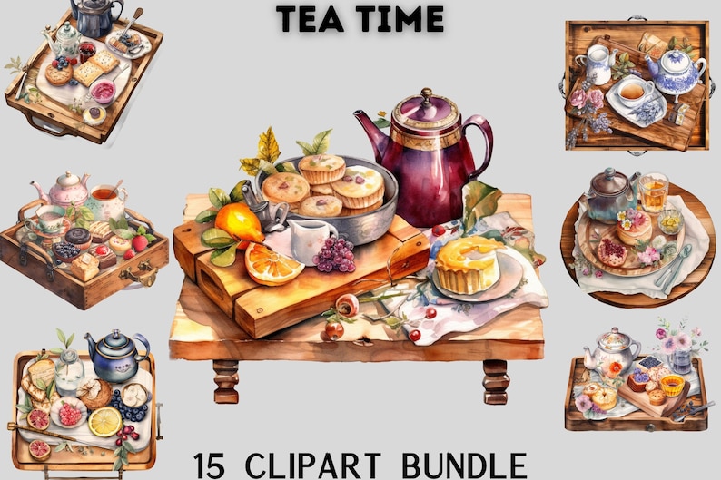 Watercolour Tea Time Clipart Bundle, Breakfast Tray, Snacks and Cakes ...