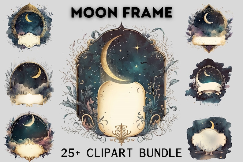 Watercolour Celestial Vintage Moon Frame Clipart Bundle, Gold and Black ...