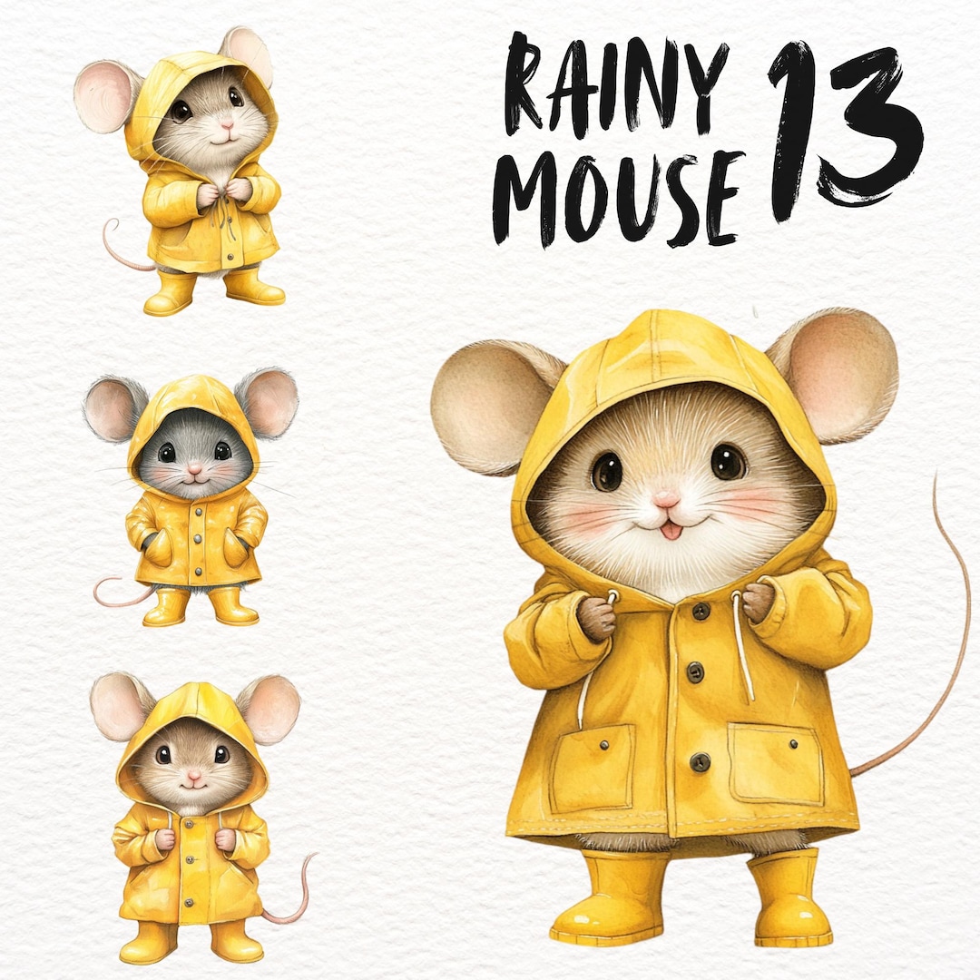 Cute Mouse Rainy Day Clipart Set, Animal PNG Stickers,yellow Jacket Png ...