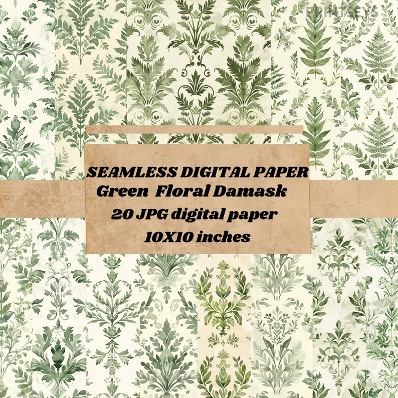 White and Green Damask Digital Paper, Vintage Textured Paper, Scrapbook ...