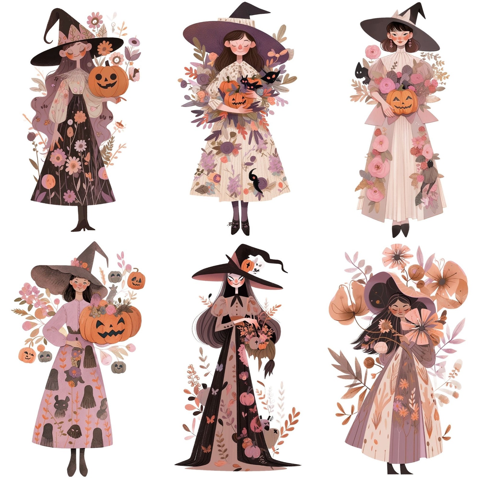 Coquette Halloween Witch Clipart Bundle, Chic Clipart, Folk Art ...