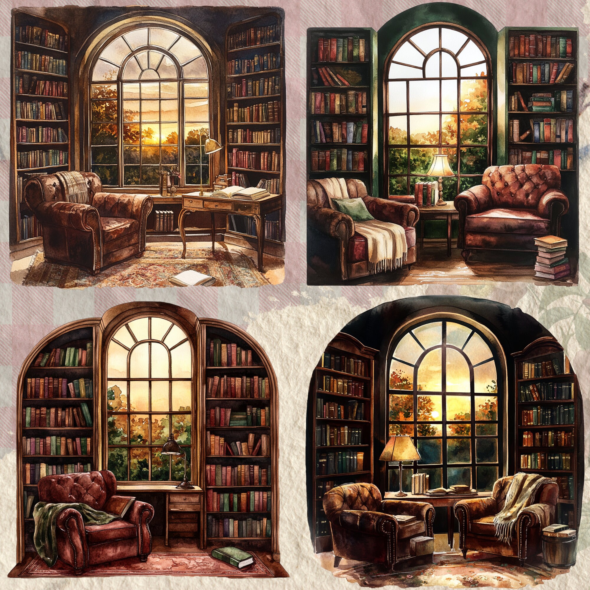 Watercolour Autumn Library Clipart Bundle, Cozy Autumn Reading Corner ...
