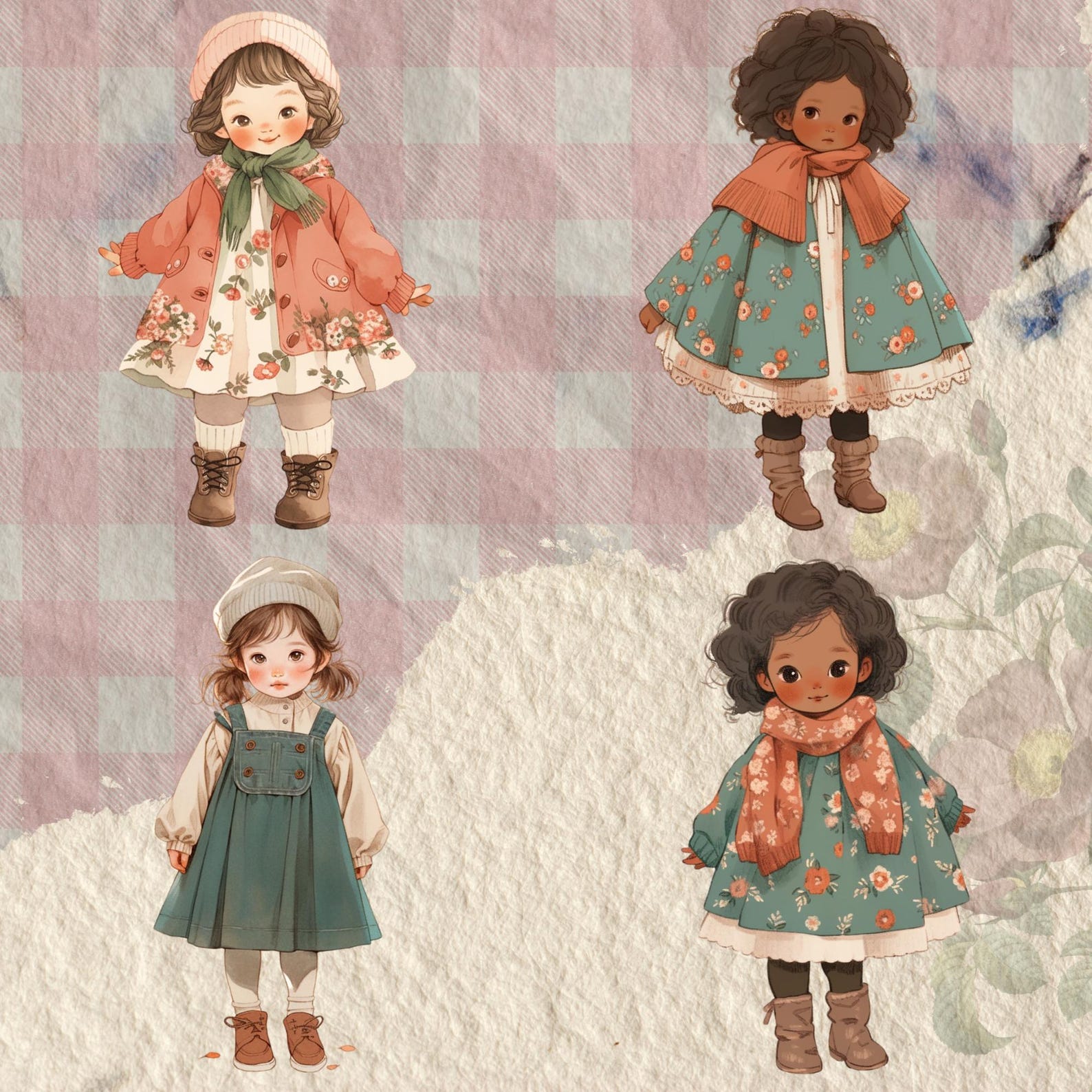 Cute Cottagecore Toddler Kid Fashion Outfit Clipart Bundle, Vintage ...