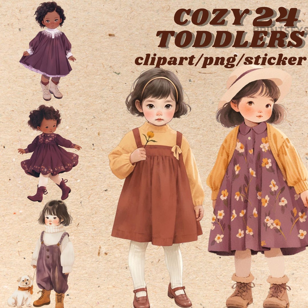 Cute Cottagecore Toddler Kid Fashion Outfit Clipart Bundle, Vintage ...