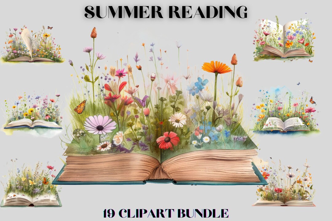 Watercolour Summer Reading Clipart Bundle, Book Clipart, Wildflowers ...