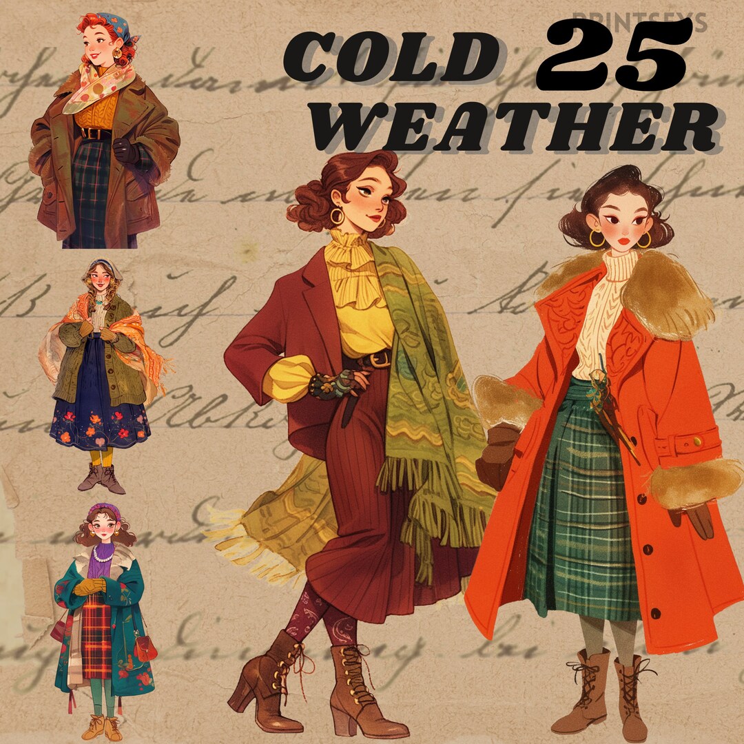 Vintage Cold Weather Girls Clipart Bundle, Sutumn Fashion Digital ...