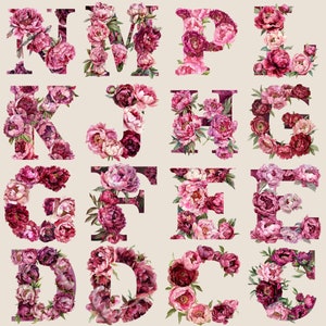 Watercolour Red and Pink Peony Alphabet Digital Sticker, Clipart Bundle ...