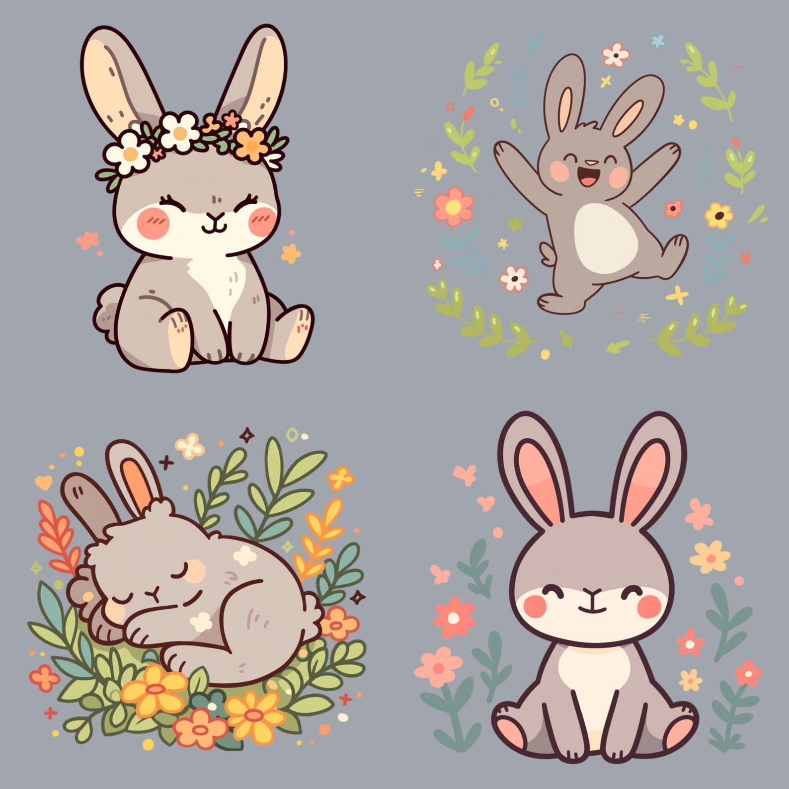 Spring Bunnies Digital Stickers, 2D Flat Floral Rabbit Clipart ...