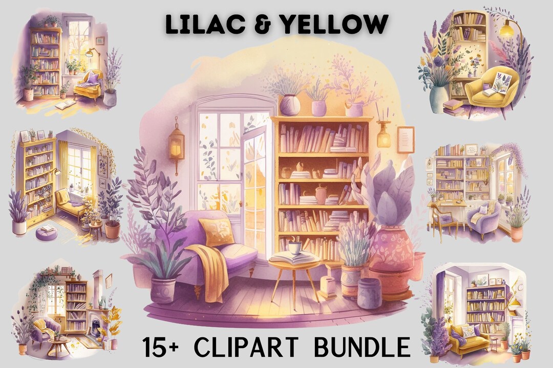 Watercolour Lilac & Yellow Bookworm Cozy Reading Corner Clipart Bundle ...