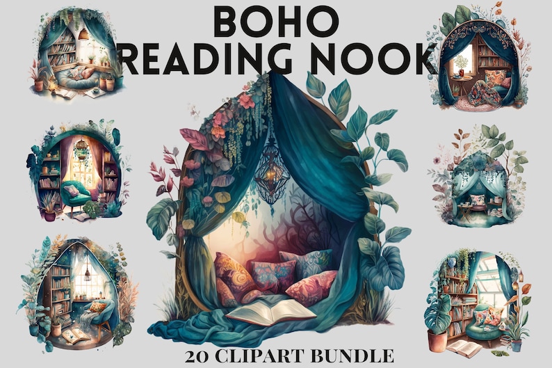 Watercolour Boho Bookworm Cozy Reading Corner Clipart Bundle - Etsy