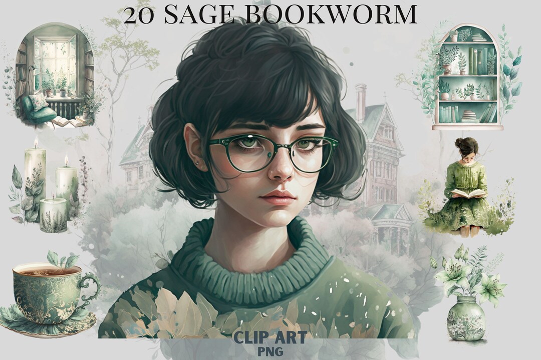 Watercolour Sage Green Bookworm Set Clipart Bundle, Bookshelf, Bookcase ...