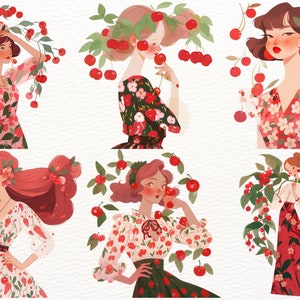 Vintage Cherry Girl Clipart Bundle, Berry Png, Retro Clipart, Folk Art ...