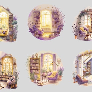 Watercolour Lilac & Yellow Bookworm Cozy Reading Corner Clipart Bundle ...