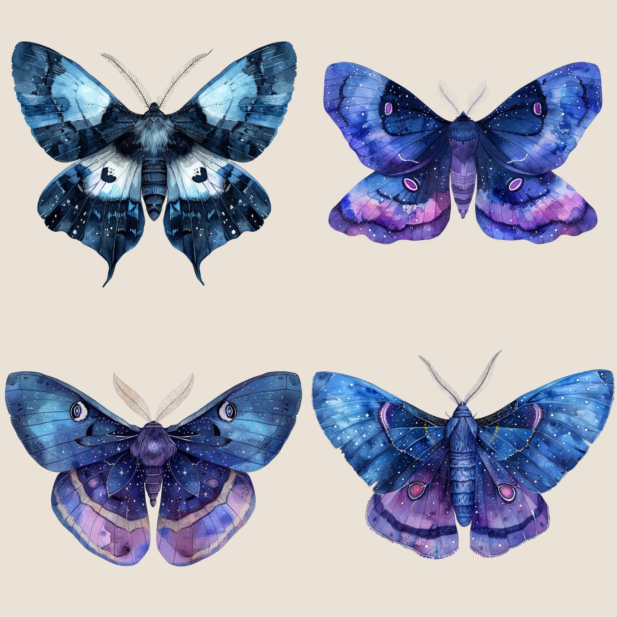 Watercolour Whimsical Celestial Moth Clipart Bundle, Wiccan Png, Moth ...