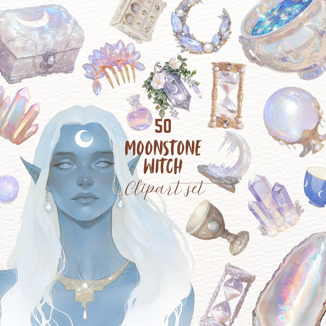 Moonstone Witch Clipart Bundle Crystal Wicca Sticker Set Magical ...