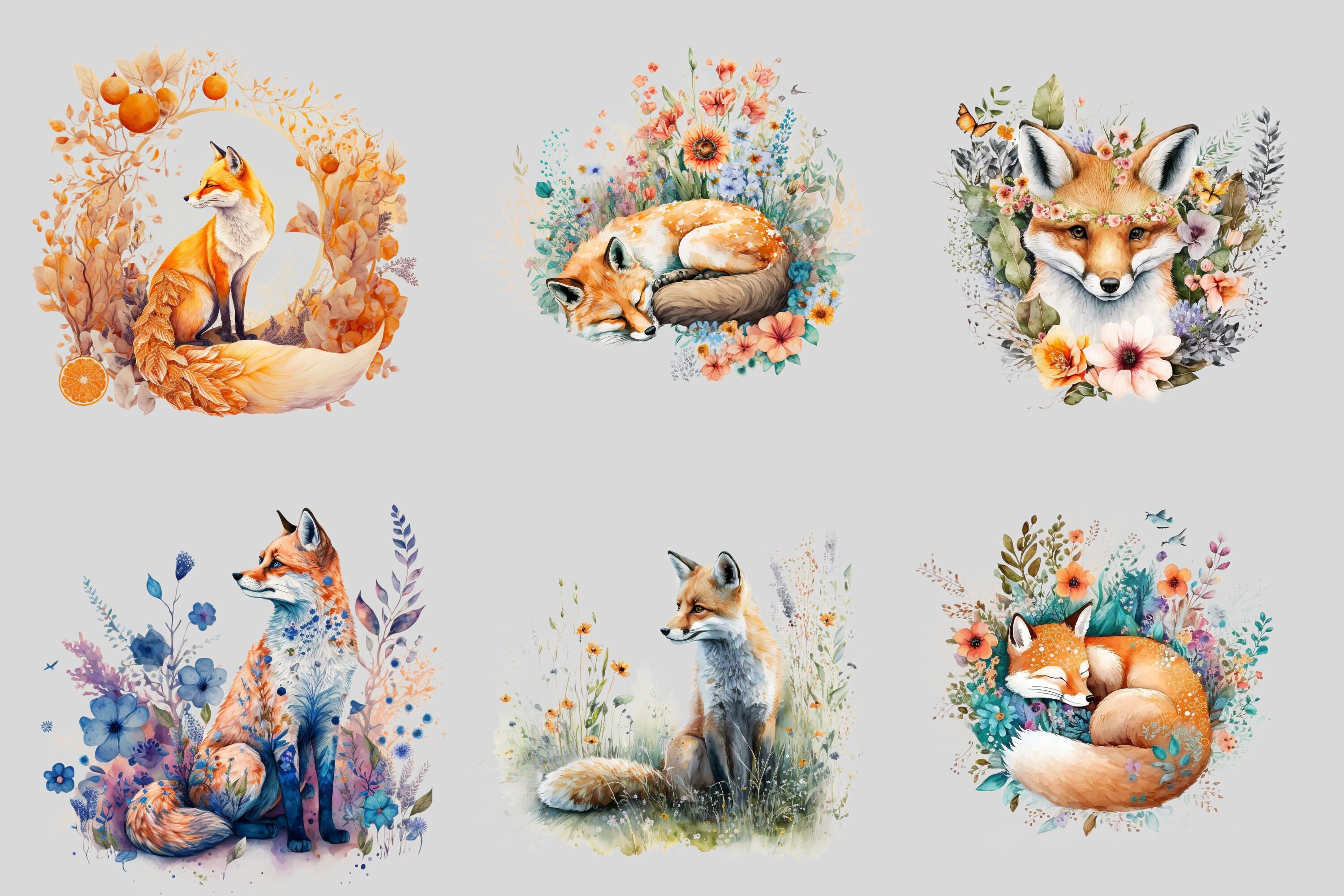 Cute Watercolour Foxes Clipart Bundle, Sleeping Fox, Fox in Meadow ...
