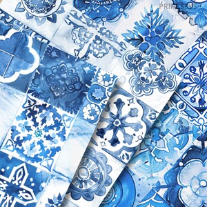 Mediterranean Blue Tiles Digital Paper, Greek Travel Vintage Textured ...
