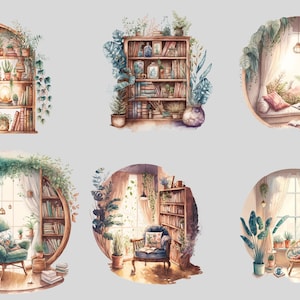 Watercolour Bookworm Cozy Reading Corner Clipart Bundle, Bookshelf ...