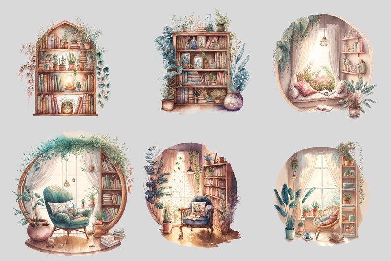 Watercolour Bookworm Cozy Reading Corner Clipart Bundle, Bookshelf ...