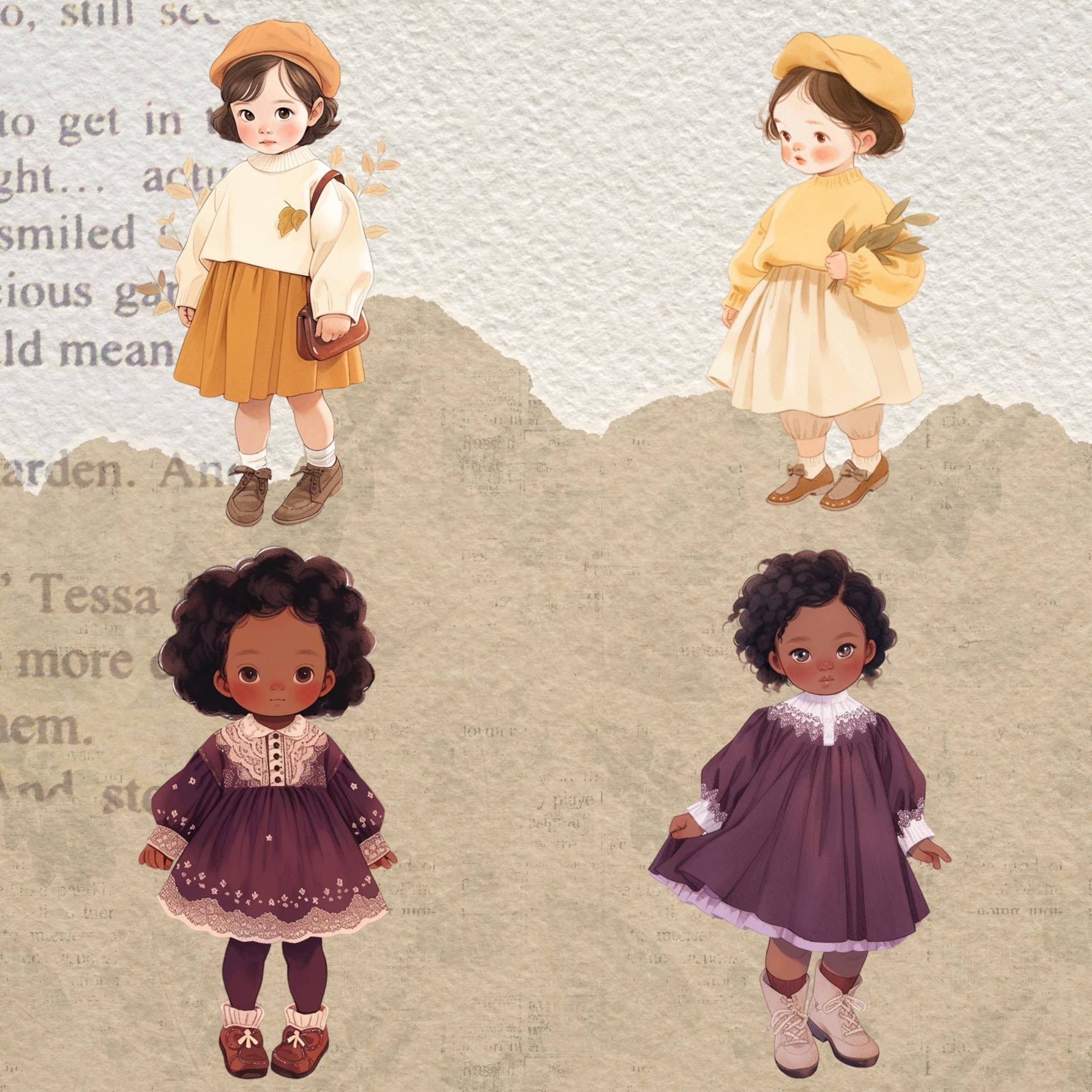 Cute Cottagecore Toddler Kid Fashion Outfit Clipart Bundle, Vintage ...