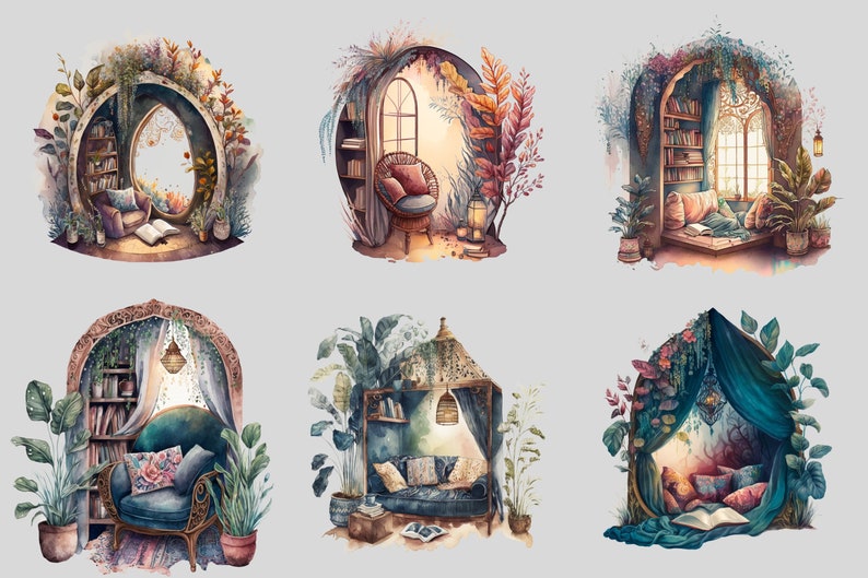Watercolour Boho Bookworm Cozy Reading Corner Clipart Bundle - Etsy
