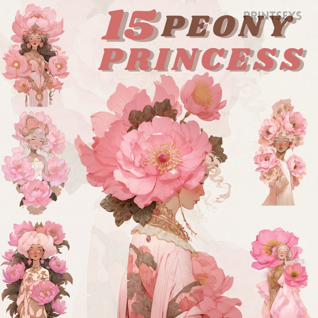 Stunning Peony and Gold Princess Clipart Bundle, Royalcore Png, Peonies ...
