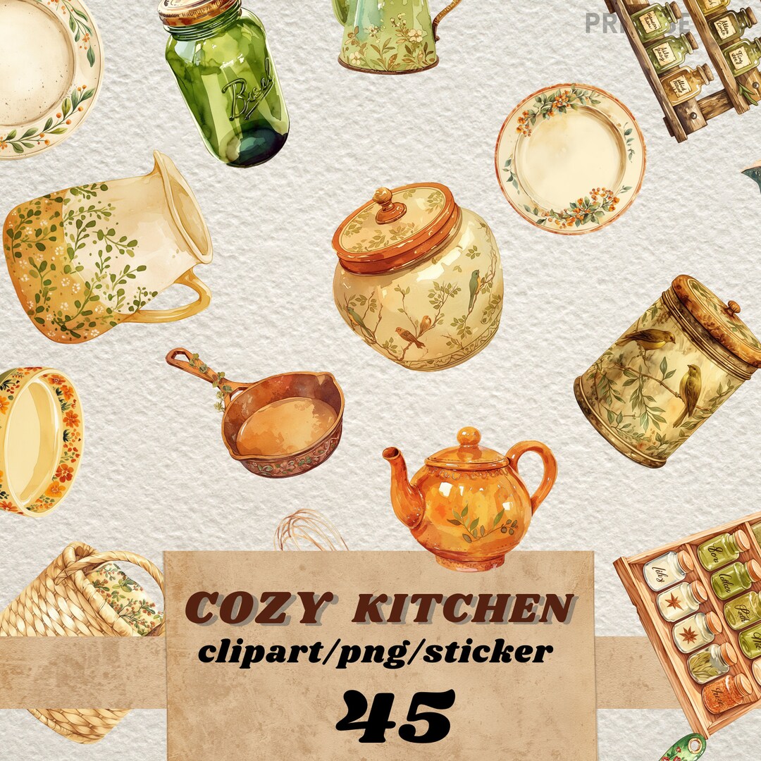 Watercolour Rustic Cozy Cottagecore Kitchen Tools, Clipart Bundle, Cozy ...