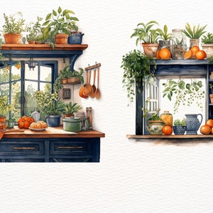 Watercolour Rustic Blue and Orange Kitchen Clipart Bundle, Cozy Clipart ...