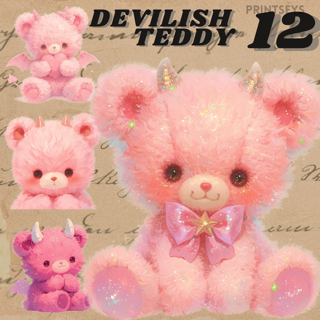 Cute Pink Devilish Teddy Bear Digital Sticker, Vintage Cute Devil ...