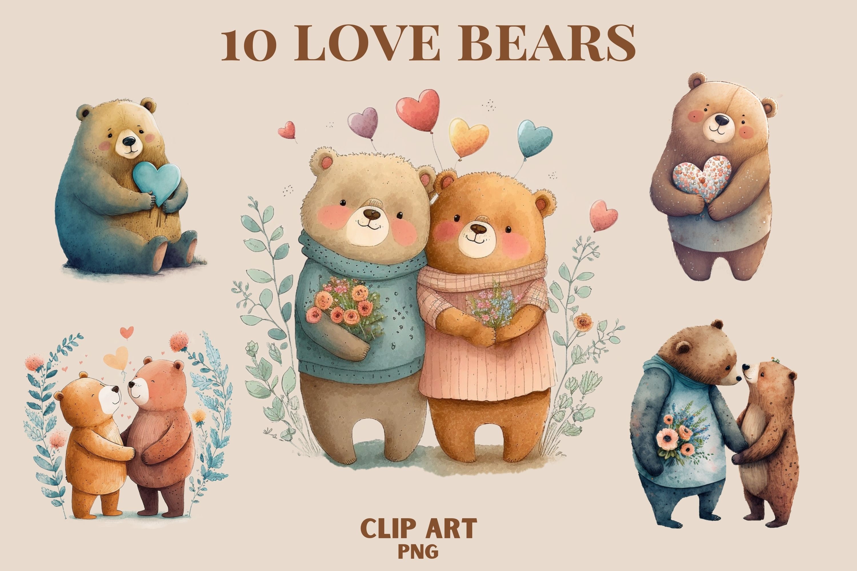 Watercolour Valentines Day Love Bears Clipart Valentine Png - Etsy