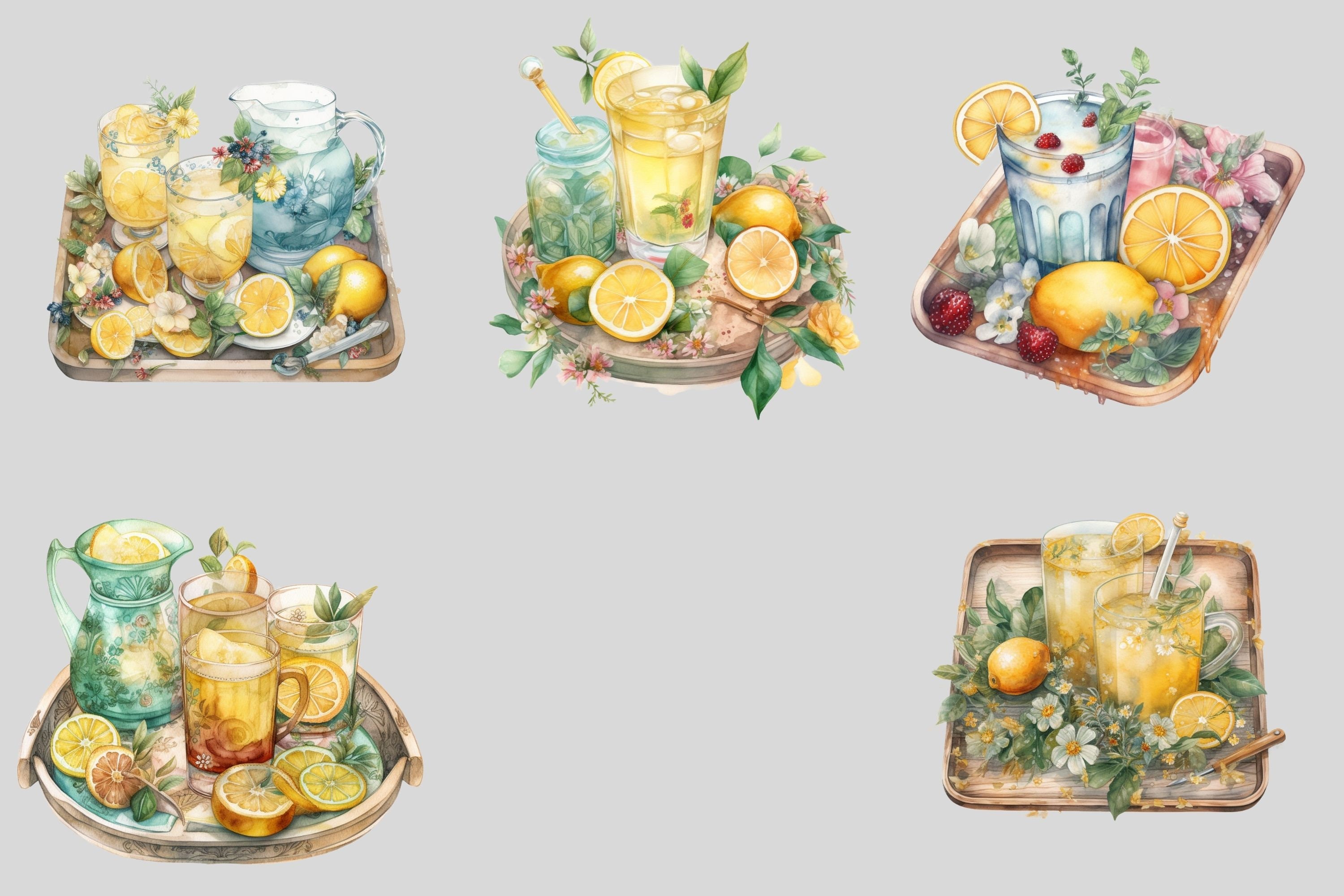 Watercolour Lemonade Tray Clipart Bundle, Summer Vibes Clipart, Lemon ...