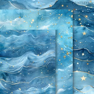 Azure and Gold Waves Digital Paper Background, Watercolour Water ...