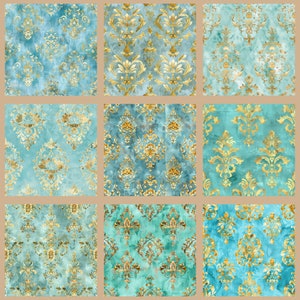 Blue and Gold Damask Digital Paper, Vintage Textured Paper, Scrapbook ...