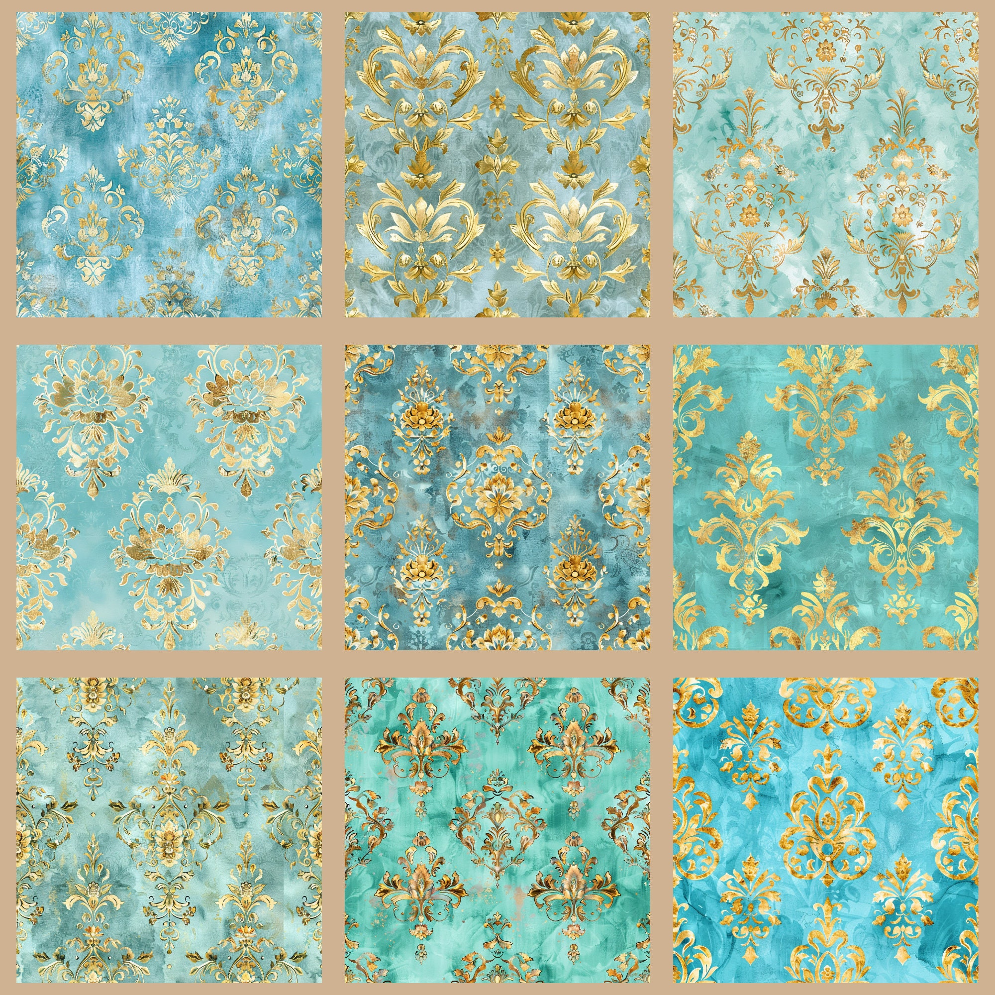 Blue and Gold Damask Digital Paper, Vintage Textured Paper, Scrapbook ...